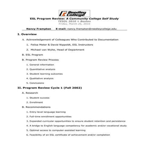 ESL Program Review A Community College Self Study Tesol 2010 Handout ...