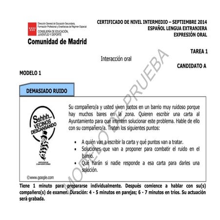 Expresión oral. Certificación Nivel Intermedio B1 Español EOI Madrid ...