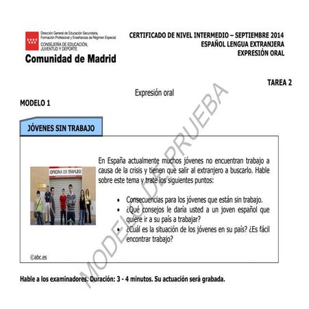 Expresión oral. Certificación Nivel Intermedio B1 Español EOI Madrid | PDF