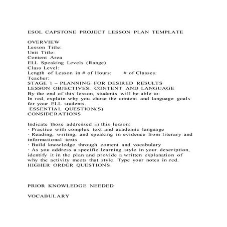 Esol capstone project lesson plan templateoverview lesson tit | DOCX