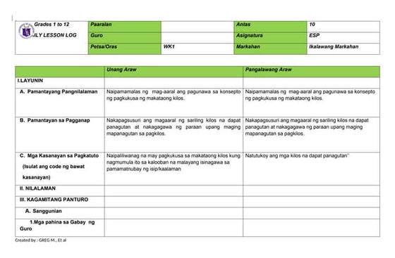 DLL EsP 10 2nd Quarter - Week 1 SY 23-24 | DOCX