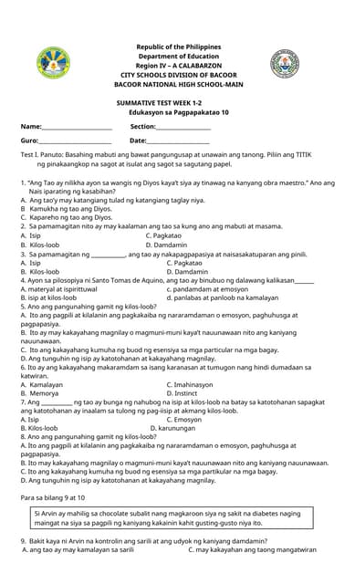 ESP 10 MODULE 1 Ang Mataas na Gamit nat Tungkulin ng isip atg Kilos ...