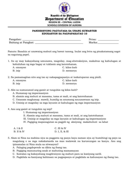 2nd-Quarter-Exam-EsP-10 for second grading | DOCX