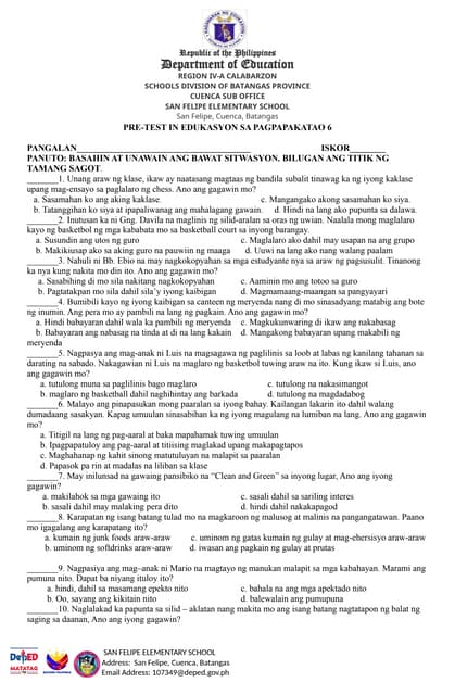 K TO 12 GRADE 4 DIAGNOSTIC / PRE TEST IN EDUKASYON sa PAGPAPAKATAO | PDF