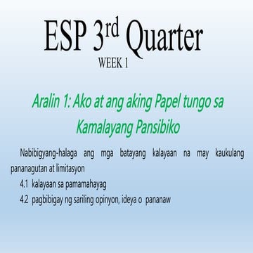 ESP 6 PPT Q3 W1 - Aralin 1 - Ako at ang aking Papel tungo sa Kamalayang Pansibiko.pptx