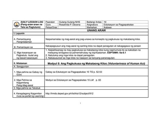 DLL EsP 10 2nd Quarter - Week 1 SY 23-24 | DOCX
