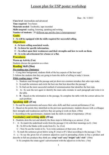 Esp sample lesson plan | DOCX | Educational Assessment | Education