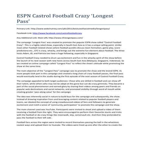Social Media Case Study: ESPN Castrol Football Crazy ‘Longest Pass’ | PDF