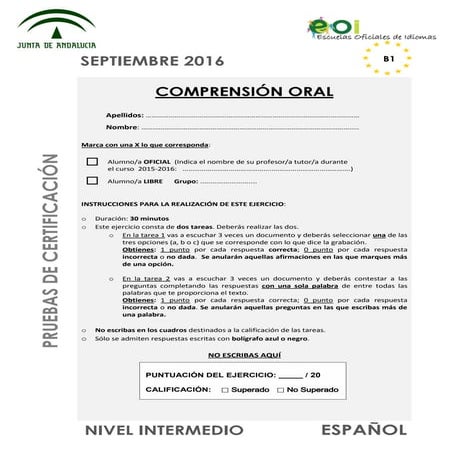 Comprensión oral. Certificación Nivel Intermedio B1 Español EOI ...
