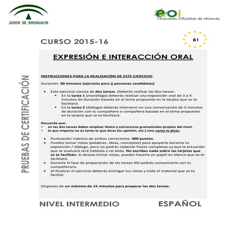 Expresión e interacción oral. Certificación Nivel Intermedio B1 Español ...