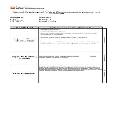 Esquema de contenidos nodales 1º año Dic 2017 MATEMATICA | PDF