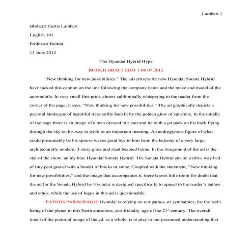 Essay 1: Ad Analysis Rough Draft, The Hyundai Hubrid Hype | PDF