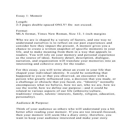 Essay 1 MemoirLength2-3 pages double-spaced ONLY! Do not ex.docx