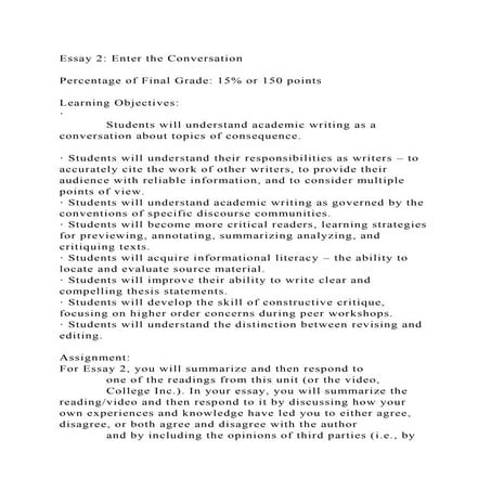 Essay 2 Enter the ConversationPercentage of Final Grade 15 or.docx ...