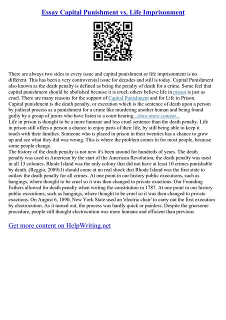 Essay Capital Punishment Vs. Life Imprisonment | PDF Essay Capital Punishment Vs. Life Imprisonment | PDF