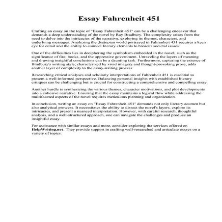 Fahrenheit 451 Technology Essay. De Anza College | PDF