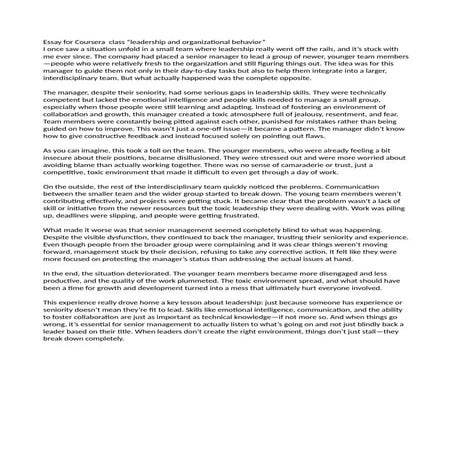 Essay for coursera class Leadership and organizational behavior.docx