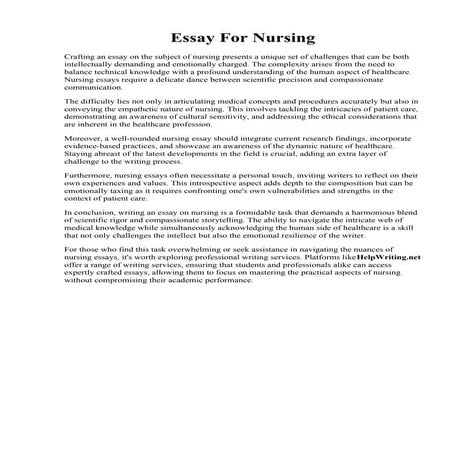 Essay For Nursing. Essay for Nursing - Introduction: In this essay, the ...