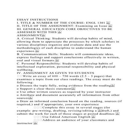 ESSAY INSTRUCTIONSI. TITLE & NUMBER OF THE COURSE ENGL 1301 .docx