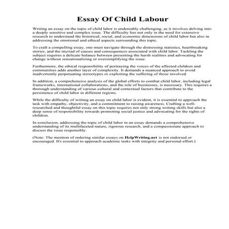 Essay Of Child Labour. essay on child labour - Brainly.in
