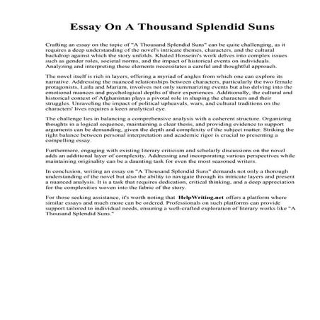 Essay On A Thousand Splendid Suns. Pioneer Pacific College | PDF