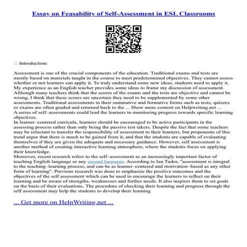 Essay On Feasability Of Self-Assessment In ESL Classrooms | PDF