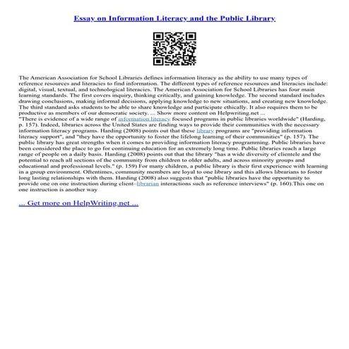 Essay On Information Literacy And The Public Library | PDF