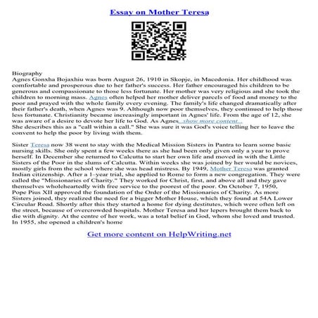 Essay On Mother Teresa For Kids | PDF