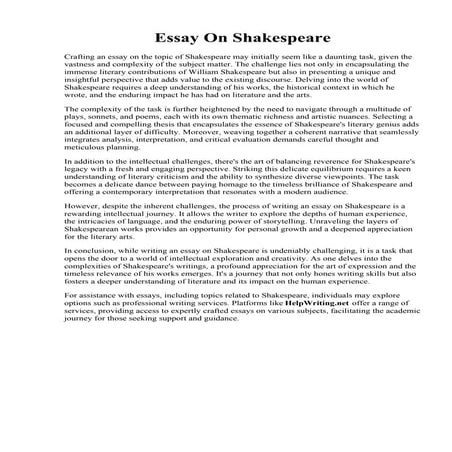 Essay On Shakespeare. William Shakespeare and His Works Free Essay ...