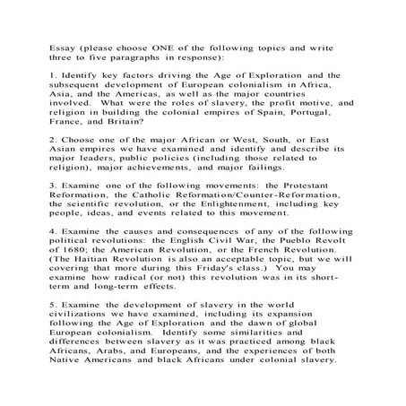 Essay (please choose ONE of the following topics and write three to | PDF