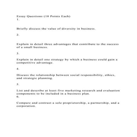 Essay Questions (10 Points Each)1.Briefly discuss the value .docx | Business | Business and Finance