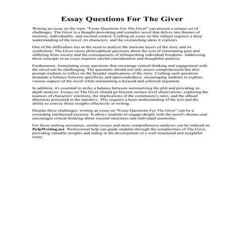 Essay Questions For The Giver. Calaméo - The Giver Essay: Valuable and ...
