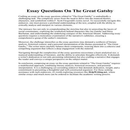 Essay Questions On The Great Gatsby. The Great Gatsby - Essay Questions ...