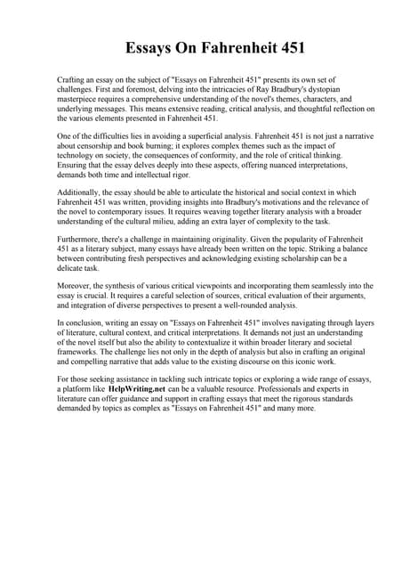 Fahrenheit 451 Technology Essay. De Anza College | PDF