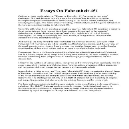 Essays On Fahrenheit 451 | PDF