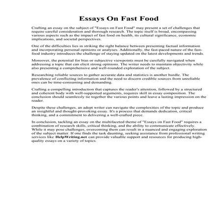 Essays On Fast Food. Fast Food Essay Essay on Fast Food for Students ...