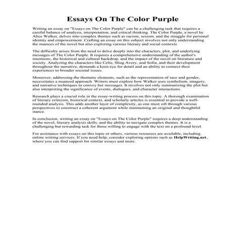 Essays On The Color Purple. Alice Walkers The Color Purple - Free Essay ...