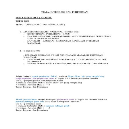 Essei tema integrasi dan perpaduan kaum | DOCX