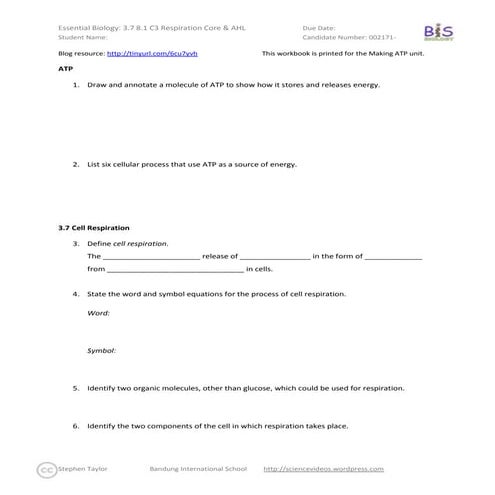 Essential Biology Respiration (Core & AHL/Option C) | PDF