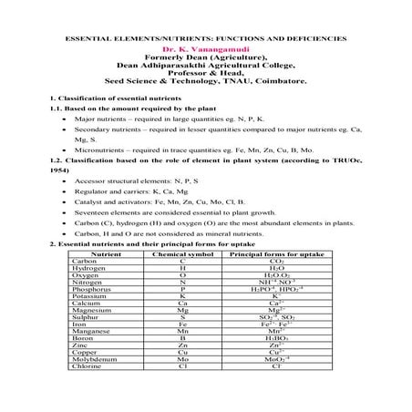 ESSENTIAL ELEMENTS/NUTRIENTS - FUNCTIONS AND DEFICIENCIES | PDF