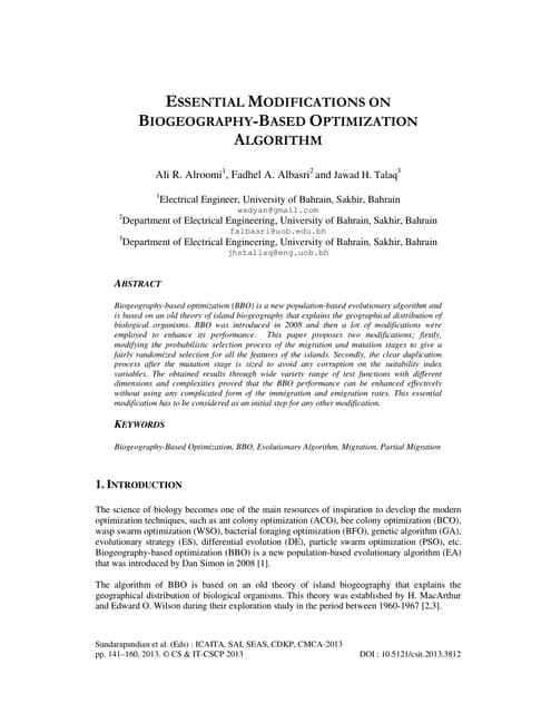 Essential Modifications On Biogeography Based Optimization Algorithm Pdf