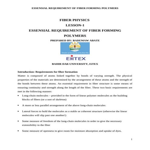Essential requirements of fiber forming polymers | PDF