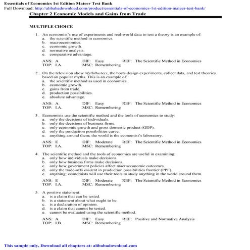 Essentials of Economics 1st Edition Mateer Test Bank | PDF