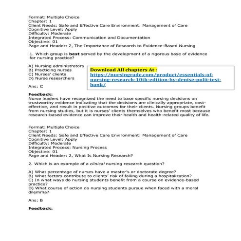 Essentials of Nursing Research Appraising Evidence for Nursing Practice ...