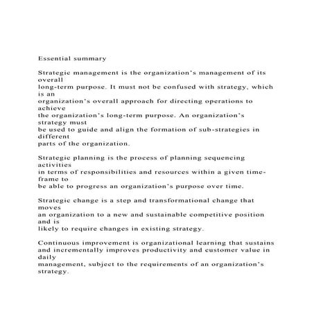 Essential summaryStrategic management is the organization’.docx