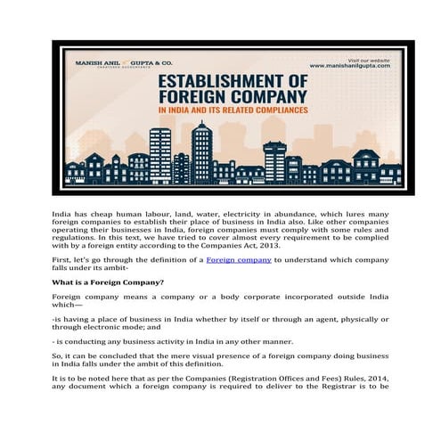 Establishment Of Foreign Company in India and Its Related Compliances | PDF