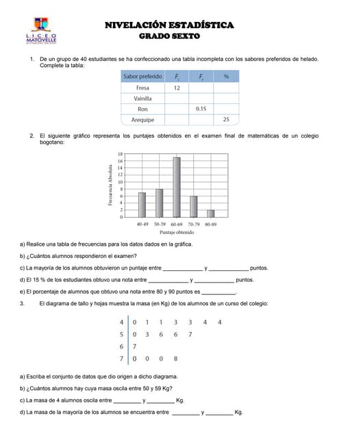Taller 1 estadistica para sexto | PDF