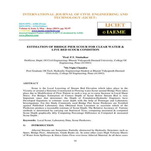 Estimation of bridge pier scour for clear water & live bed scour condition | PDF