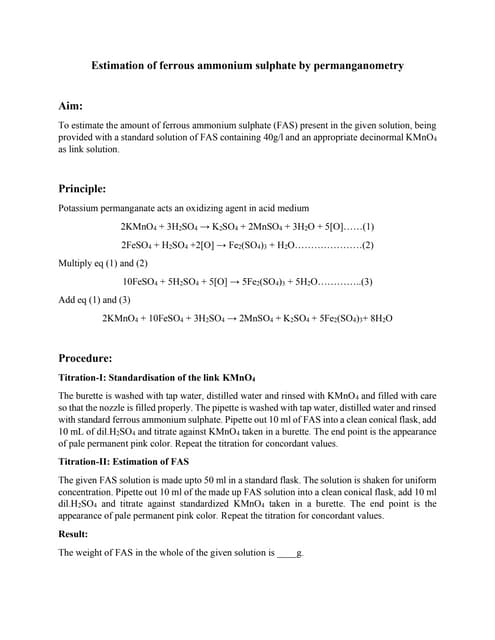 Estimation Of Ferrous Ammonium Sulphate By Permanganometry Pdf