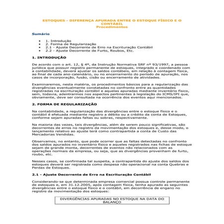 Estoques diferença apurada entre o estoque físico e o contábil | PDF